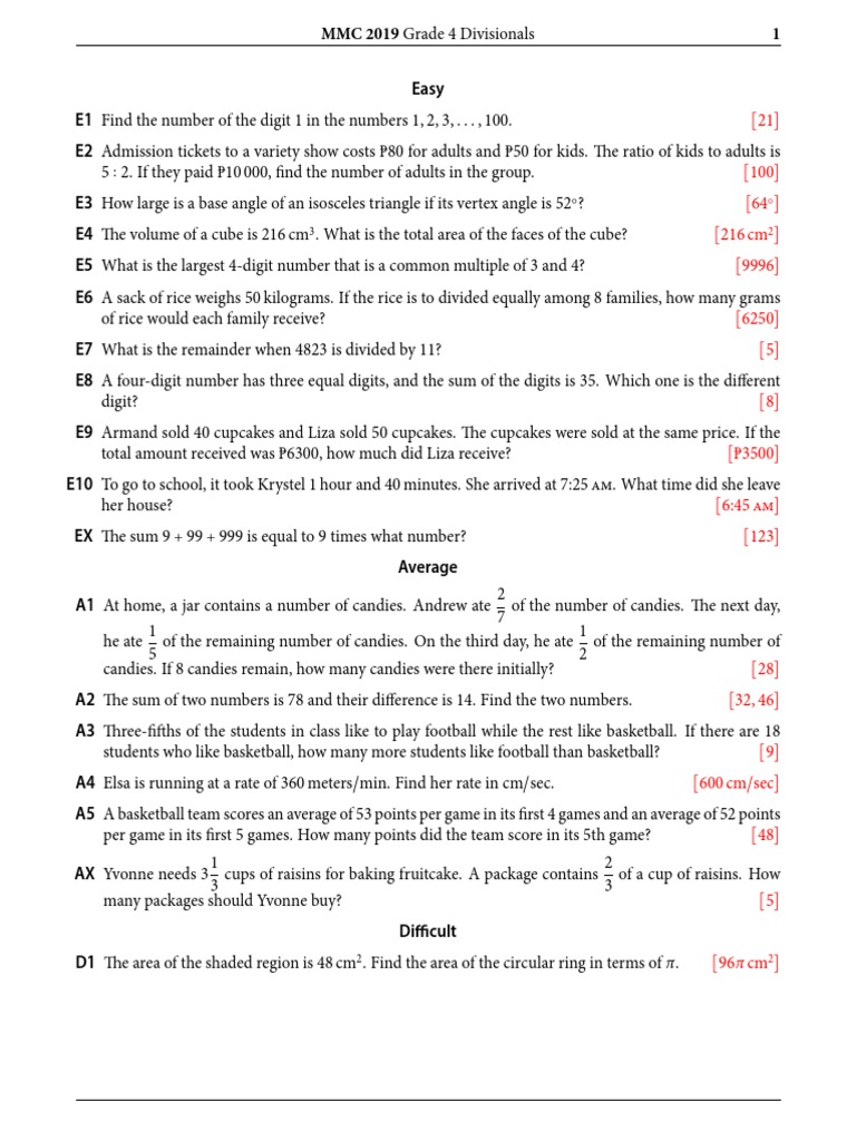 MMC 2019 Grade 4 Math Problems | PDF | Area | Geometry