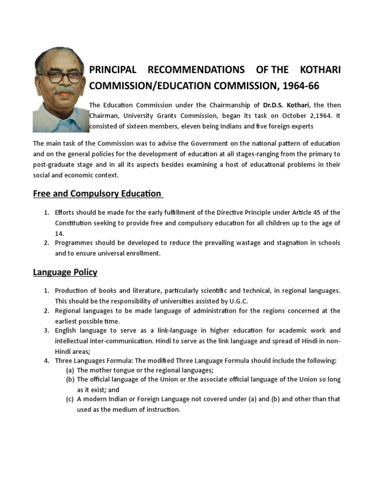 Principal Recommendations of The Kothari Commission/Education ...