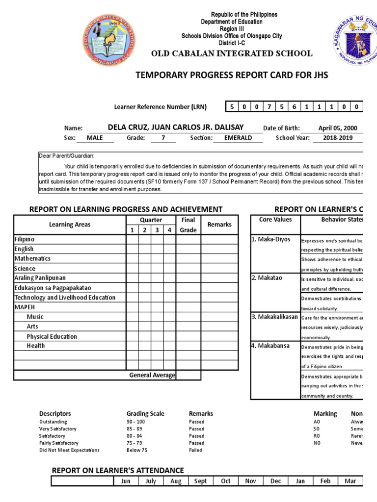 Temporary Progress Report Card For JHS: Old Cabalan Integrated School ...
