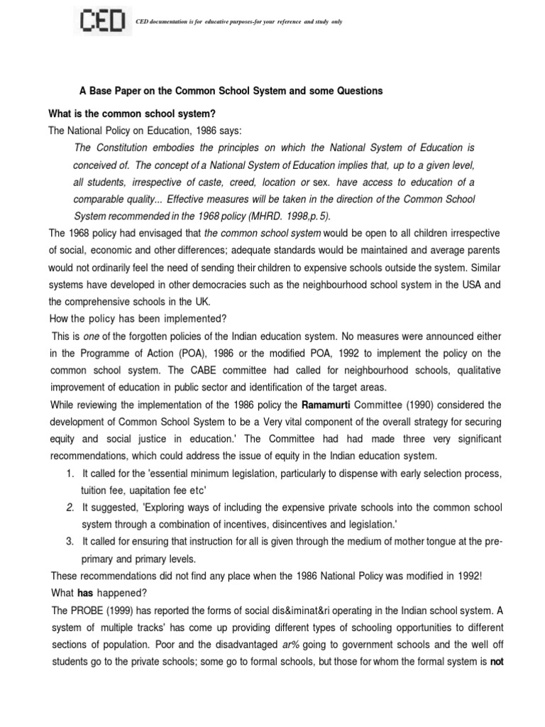 A Base Paper On The Common School System and Some Questions What Is The ...