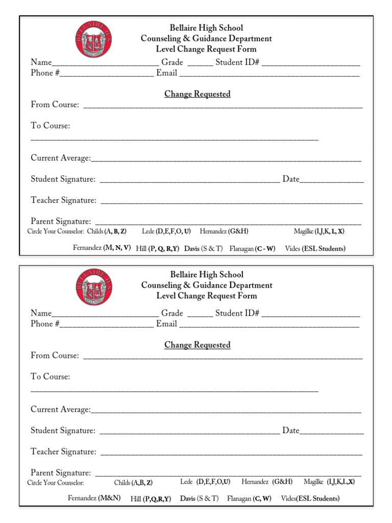 Bellaire High School Counseling & Guidance Department Level Change ...