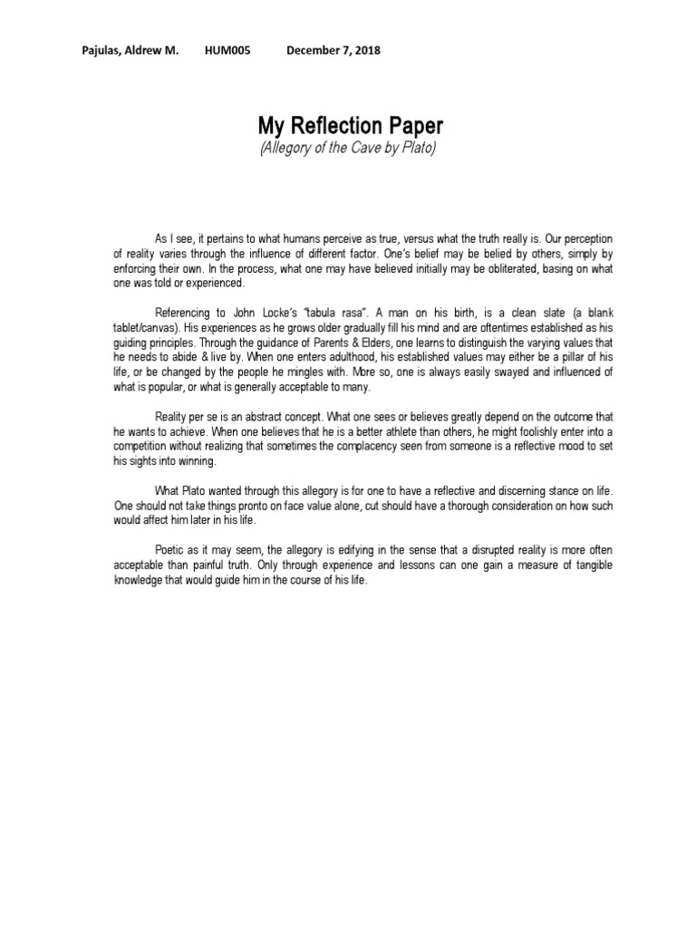 My Reflection Paper: (Allegory of The Cave by Plato) | PDF