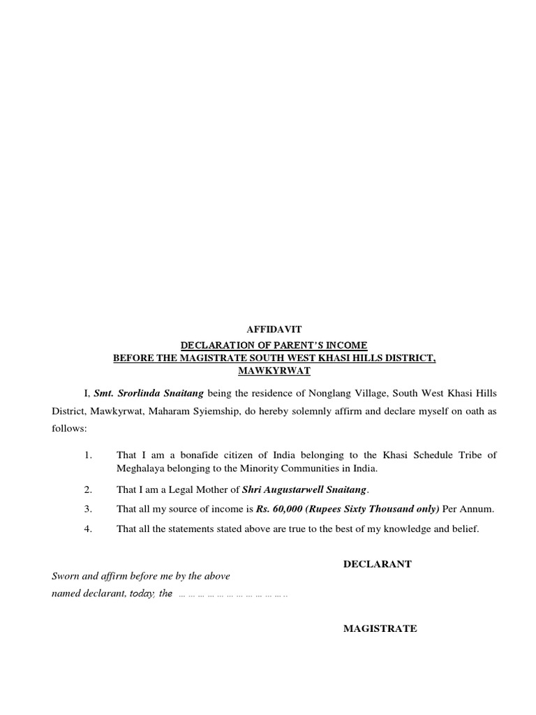 Parent Income Declaration Affidavit | PDF | Cooking, Food & Wine | Self ...
