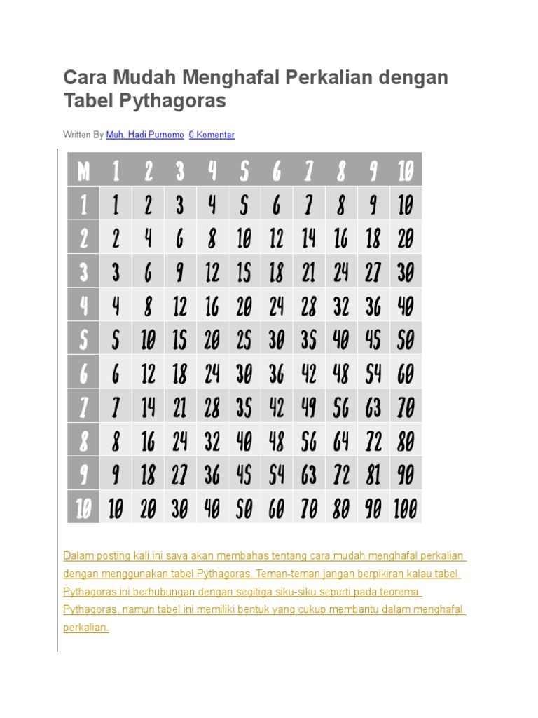 Cara Mudah Menghafal Perkalian Dengan Tabel Pythagoras | PDF