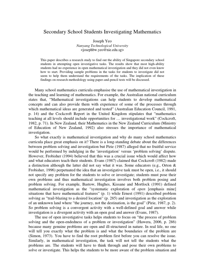 Secondary School Students Investigating Mathematics: Nanyang ...