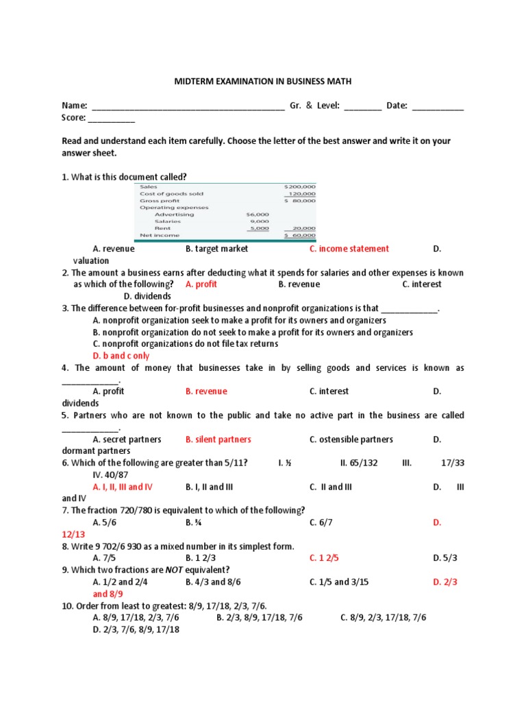 Midterm Examination in Business Math: C. Income Statement | PDF | Taxes ...