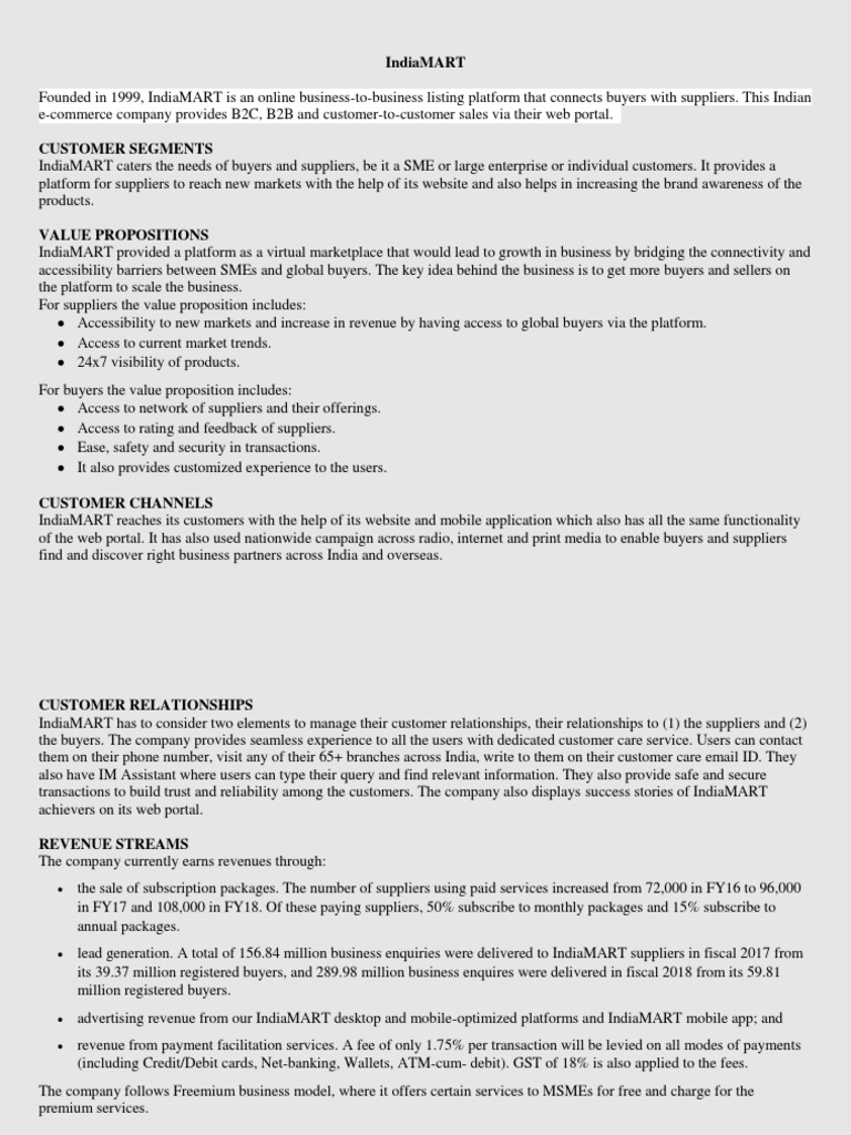 IndiaMART: B2B Marketplace for SMEs | PDF | Subscription Business Model ...