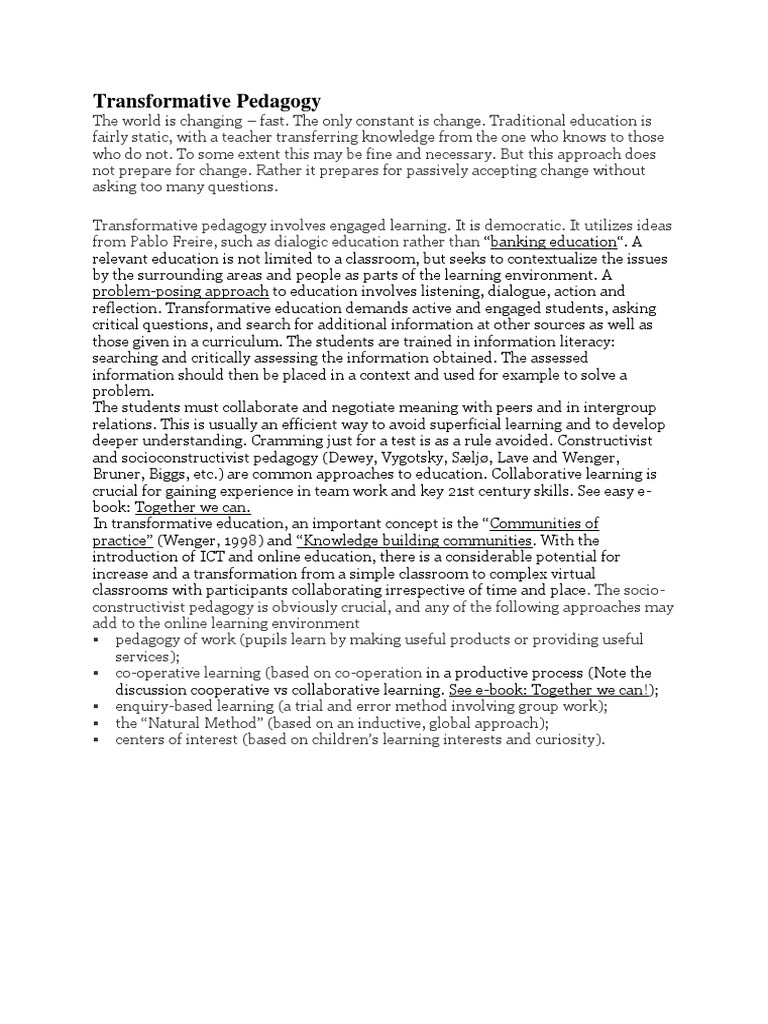 Transformative Pedagogy | PDF | Pedagogy | Constructivism (Philosophy ...