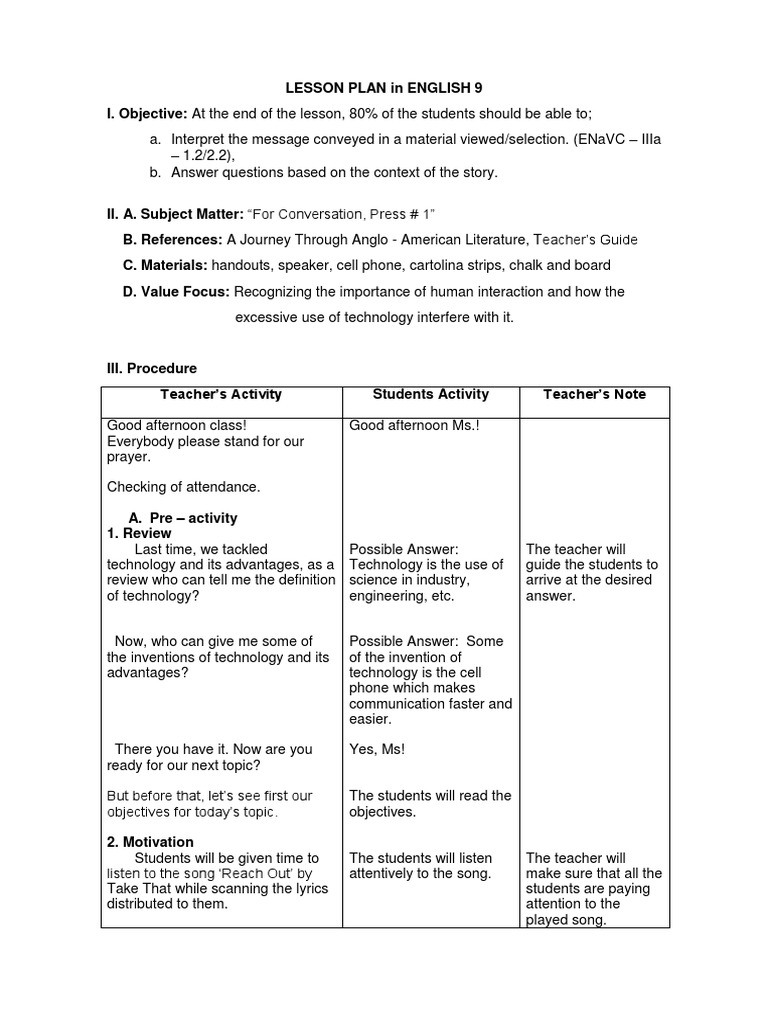 Grade 9 English Conversation Lesson Plan | PDF | Voicemail | Conversation