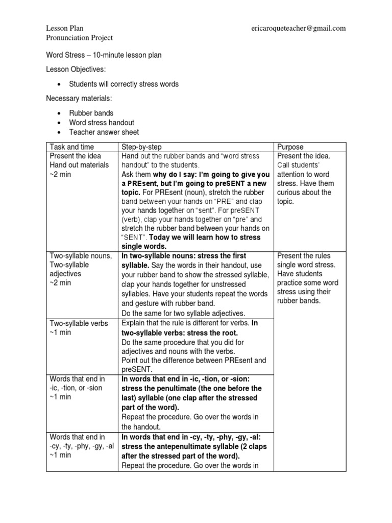 Lesson Plan Pronunciation Project | PDF | Stress (Linguistics) | Adjective