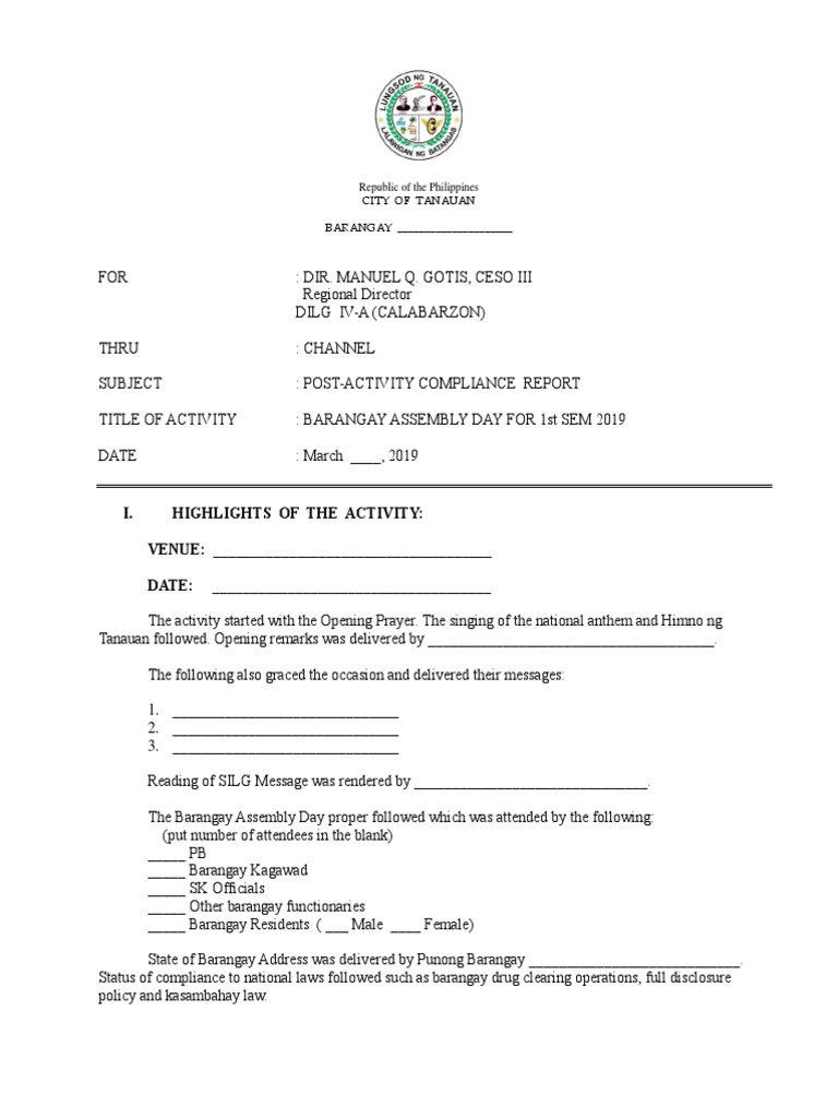 Barangay Assembly Post-Activity Report | PDF | Government | Justice