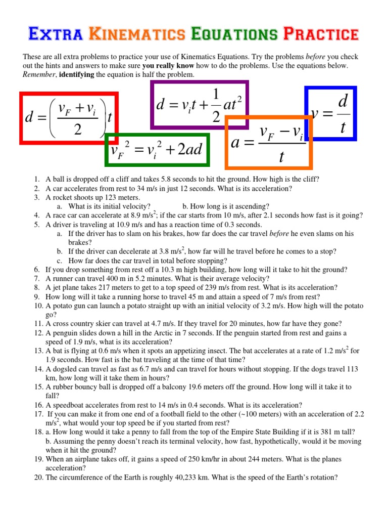 Kinematics Equations Worksheet