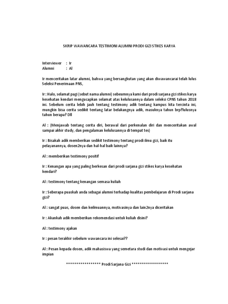 Skrip Wawancara Testimoni Alumni Prodi Gizi Stikes Karya | PDF | Karier ...