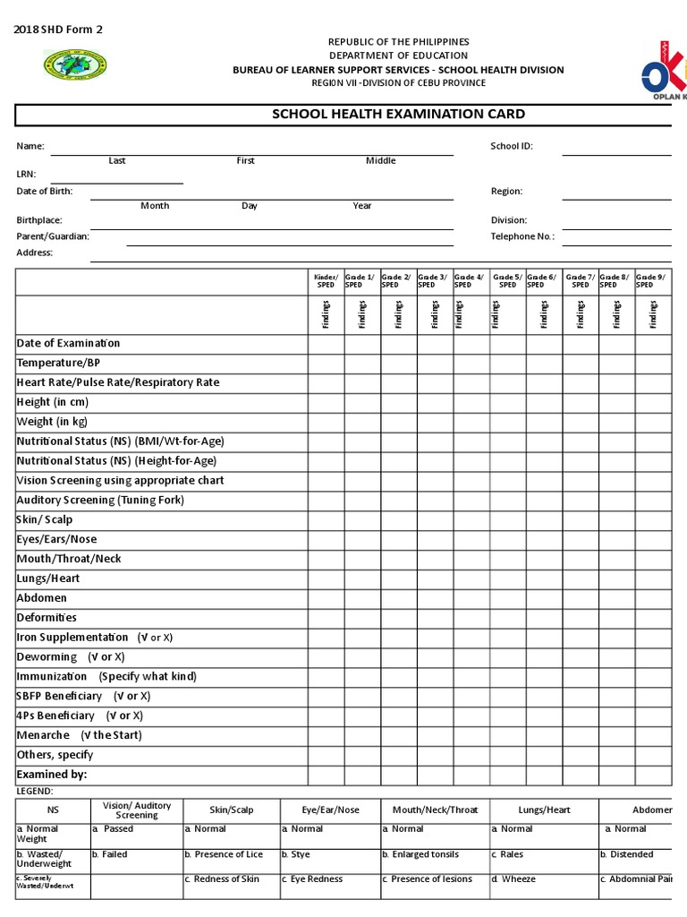 School Health Examination Card: Bureau of Learner Support Services ...