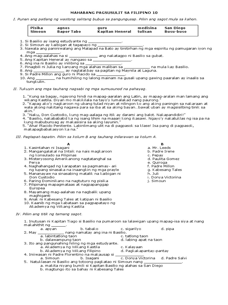 Mahabang Pagsusulit Sa Filipino 10 | PDF