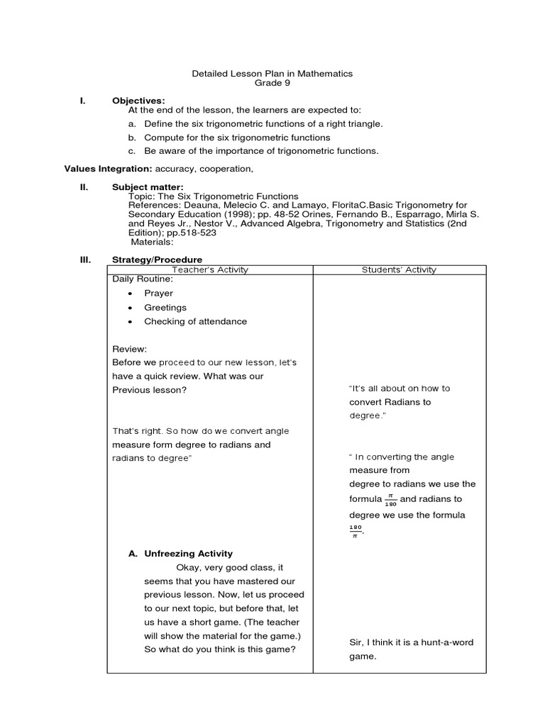 Lesson Plan | PDF | Trigonometric Functions | Sine
