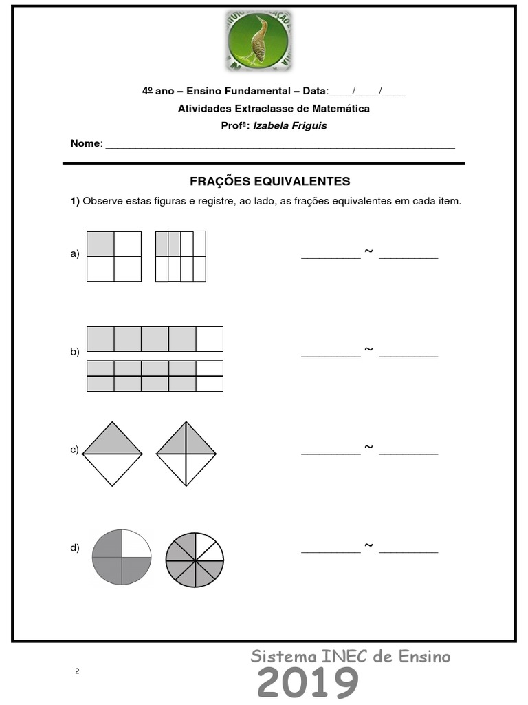 Atividade 5 Extra Classe de Matemaatica Fraçoes Equivalentes | PDF ...