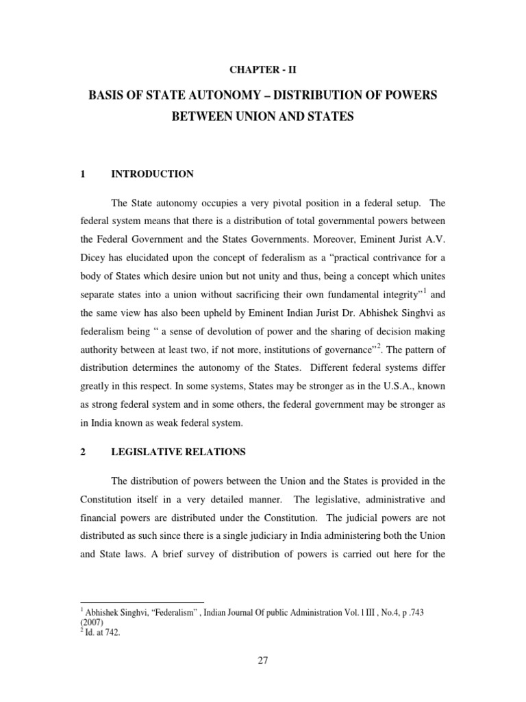 Basis of State Autonomy - Distribution of Powers Between Union and ...