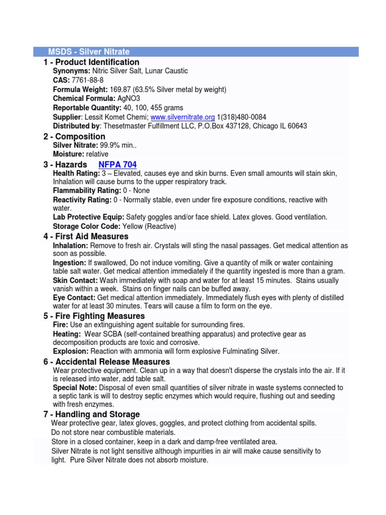 MSDS AgNO3 | PDF | Silver | Ammonia