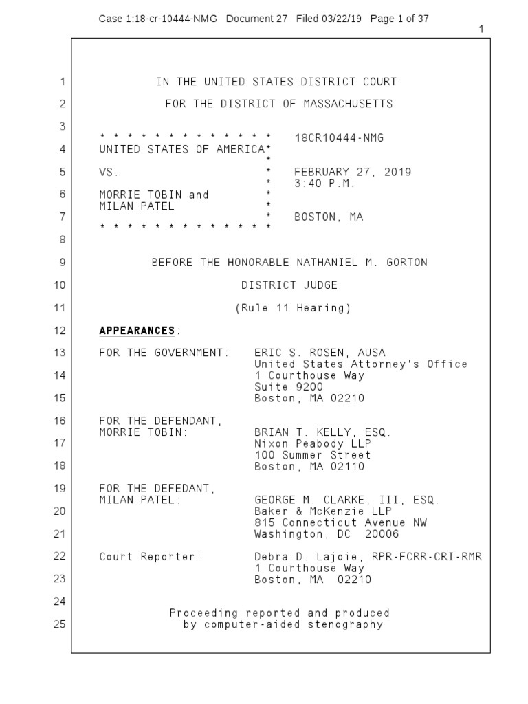 Tobin 2019 03 22 Plea Hearing Transcript | PDF | Grand Juries In The ...