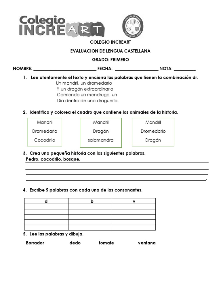 Evaluación de Lengua Grado Primero | PDF