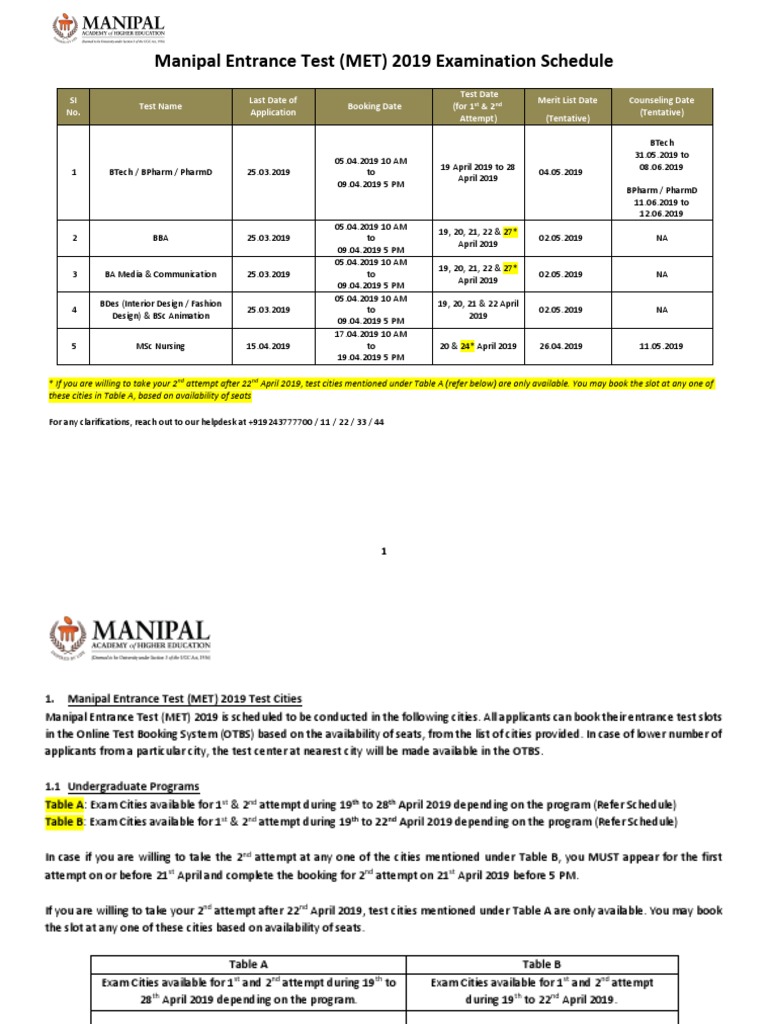 Manipal Entrance Test (MET) 2019 Examination Schedule | PDF | Identity ...