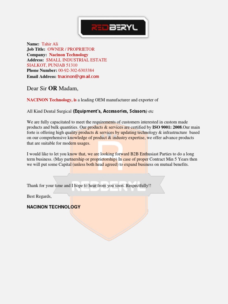 Dear Sir OR Madam,: Name: Job Title: Company: Address: Phone Number ...