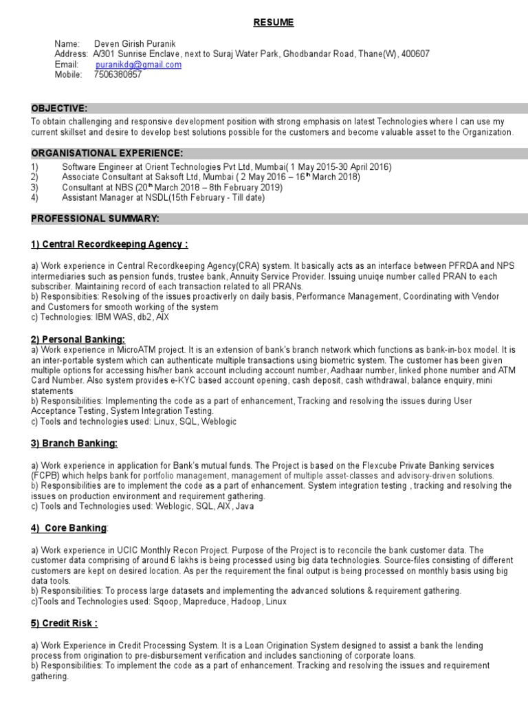 Software Engineer Resume - Deven Puranik | PDF | Apache Hadoop | Banks