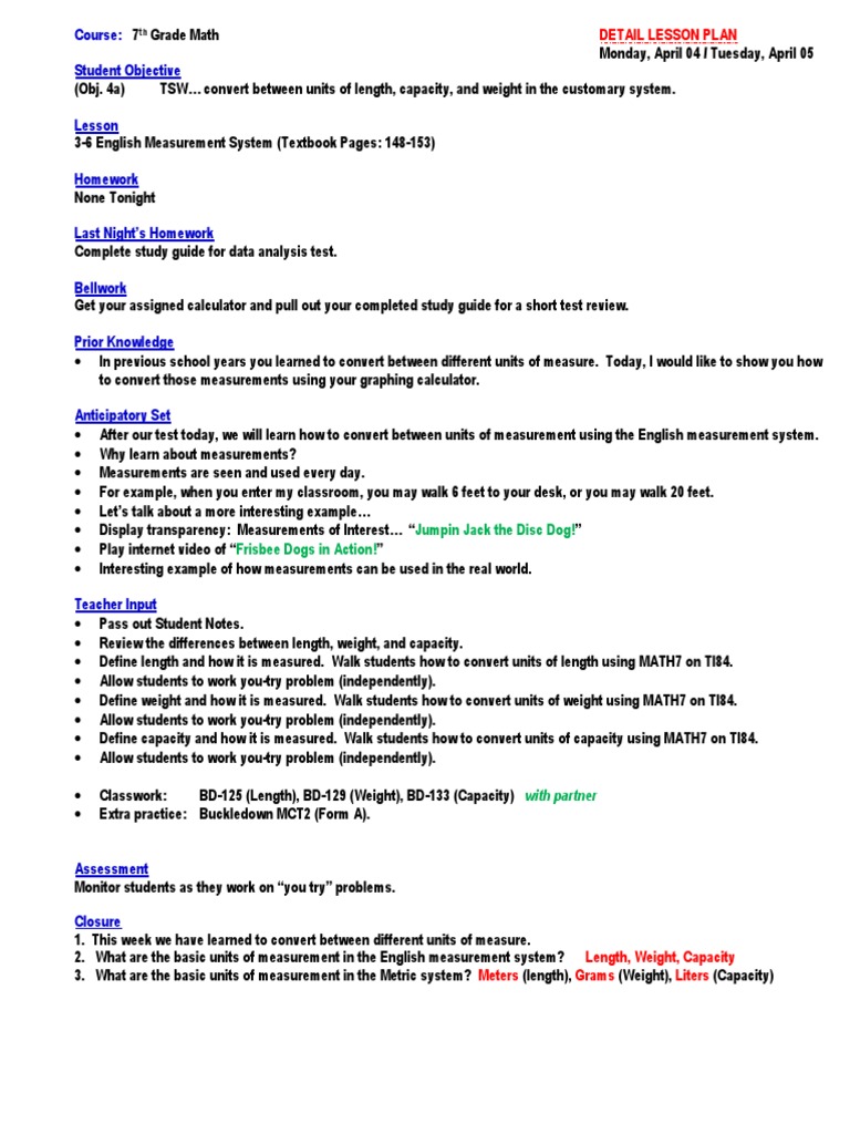 Lesson Plan | PDF | Ounce | Pound (Mass)