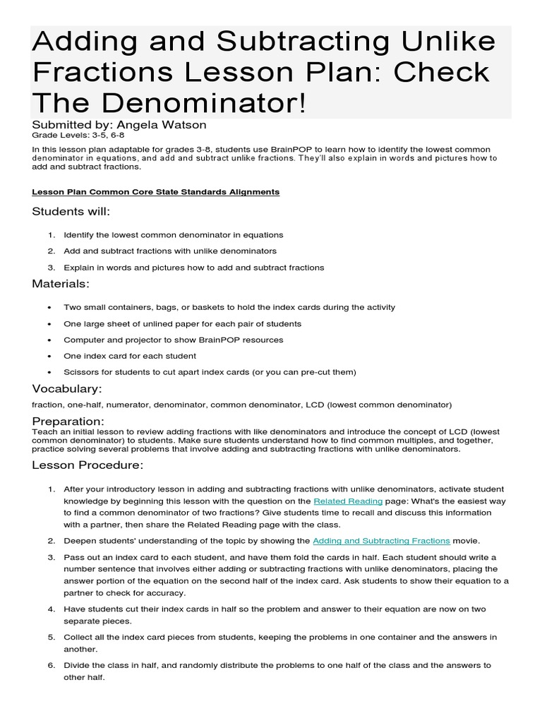 Adding and Subtracting Unlike Fractions Lesson Plan | PDF | Fraction ...
