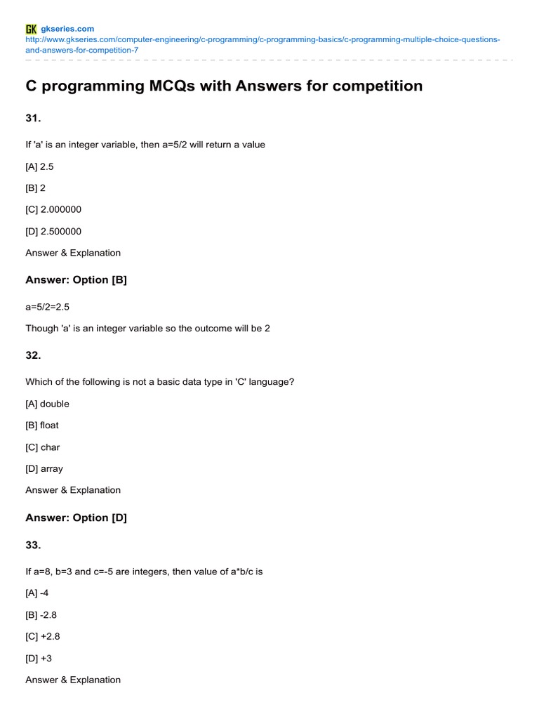 C Programming Mcqs With Answers For Competition | PDF