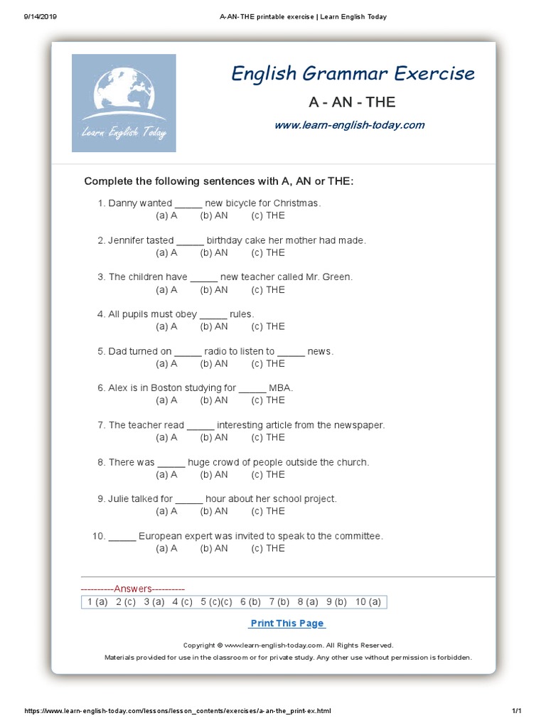 A-An-The Printable Exercise - Learn English Today | PDF | Communication