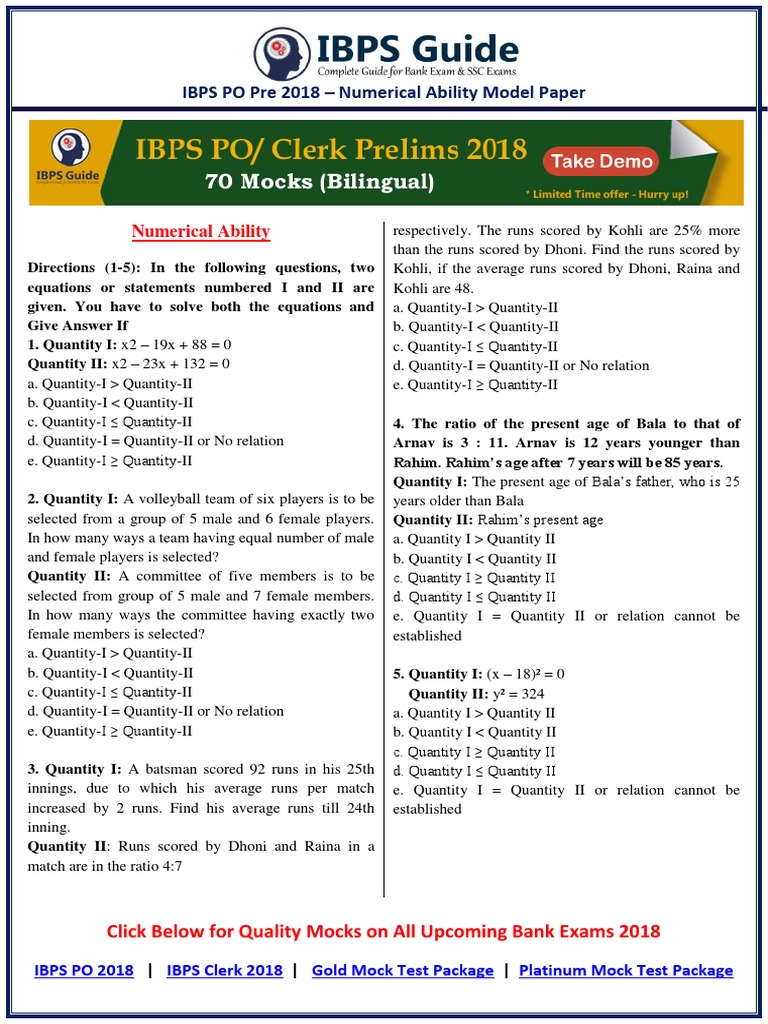 IBPS PO Pre 2018 - Numerical Ability Model Paper | PDF | Investing ...