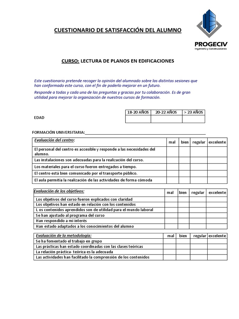 Cuestionario de Satisfacción Del Alumno | Salón de clases | Evaluación