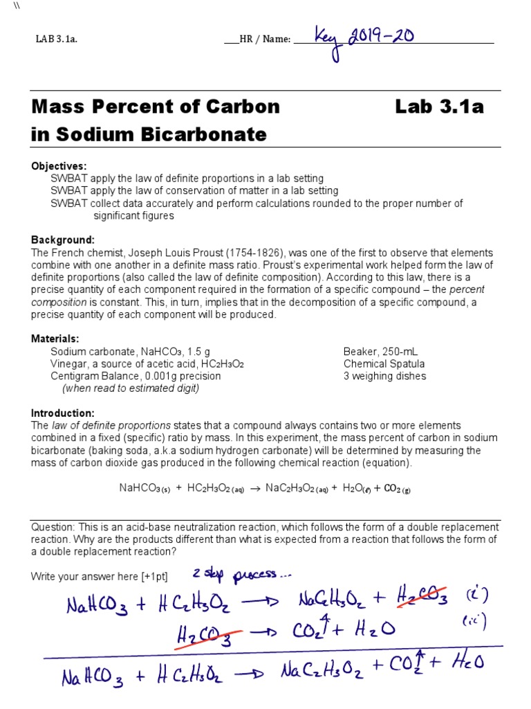 Lab 3-1a, Mass Percent of Carbon in Sodium Bicarbonate (Key) | PDF ...