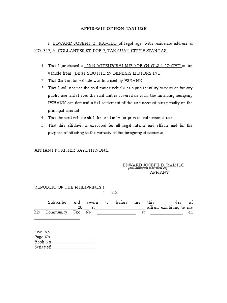 Affidavit of Non Taxi Use | PDF