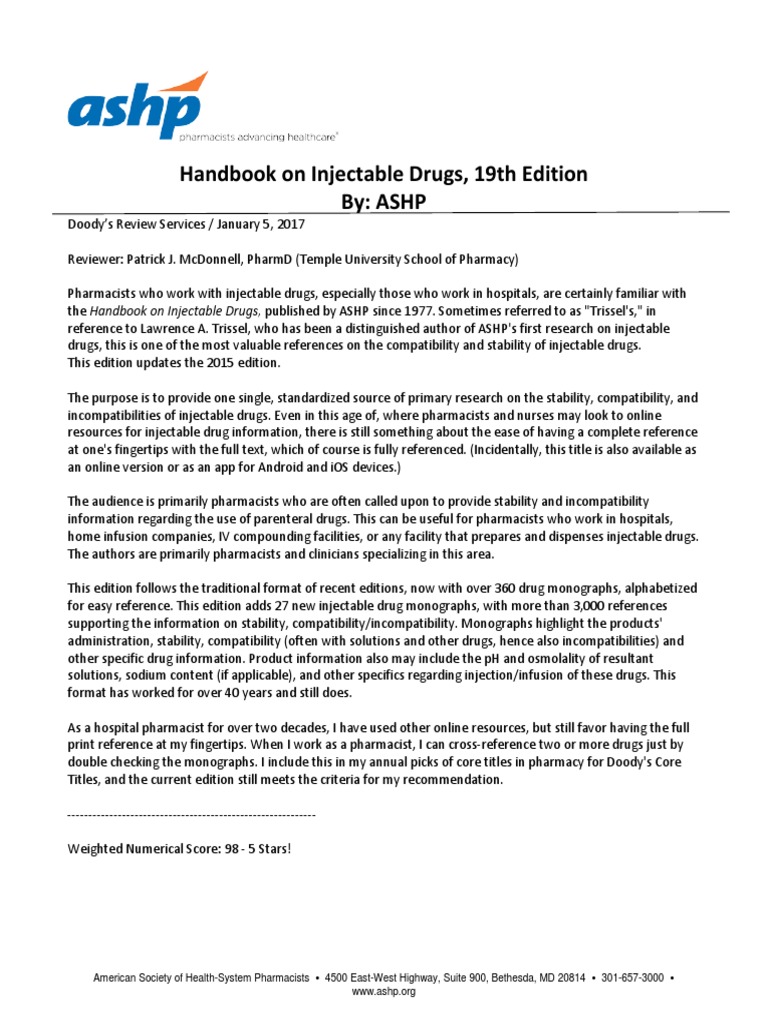Handbook On Injectable Drugs, 19th Edition By: Ashp | PDF | Pharmacy ...