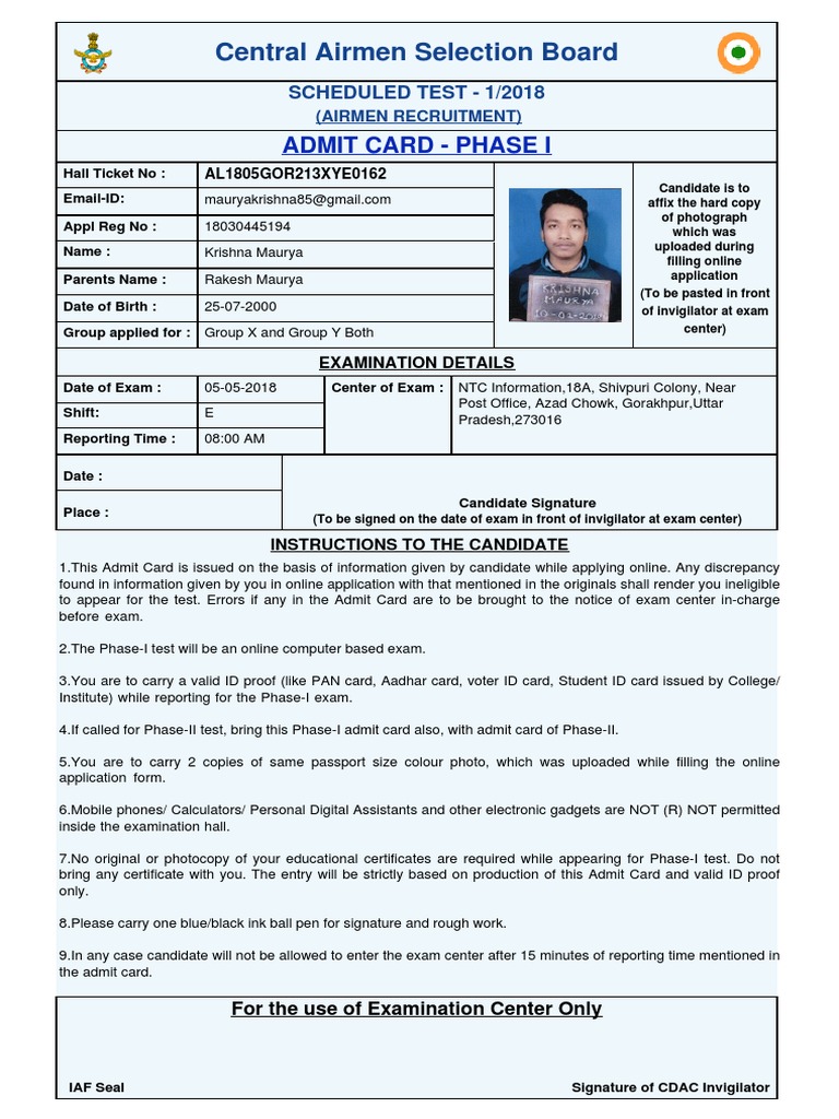 Central Airmen Selection Board: Admit Card - Phase I | PDF | Identity ...