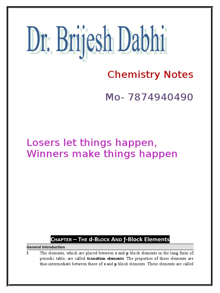 D-Block and F-Block Elements | PDF | Transition Metals | Magnetism