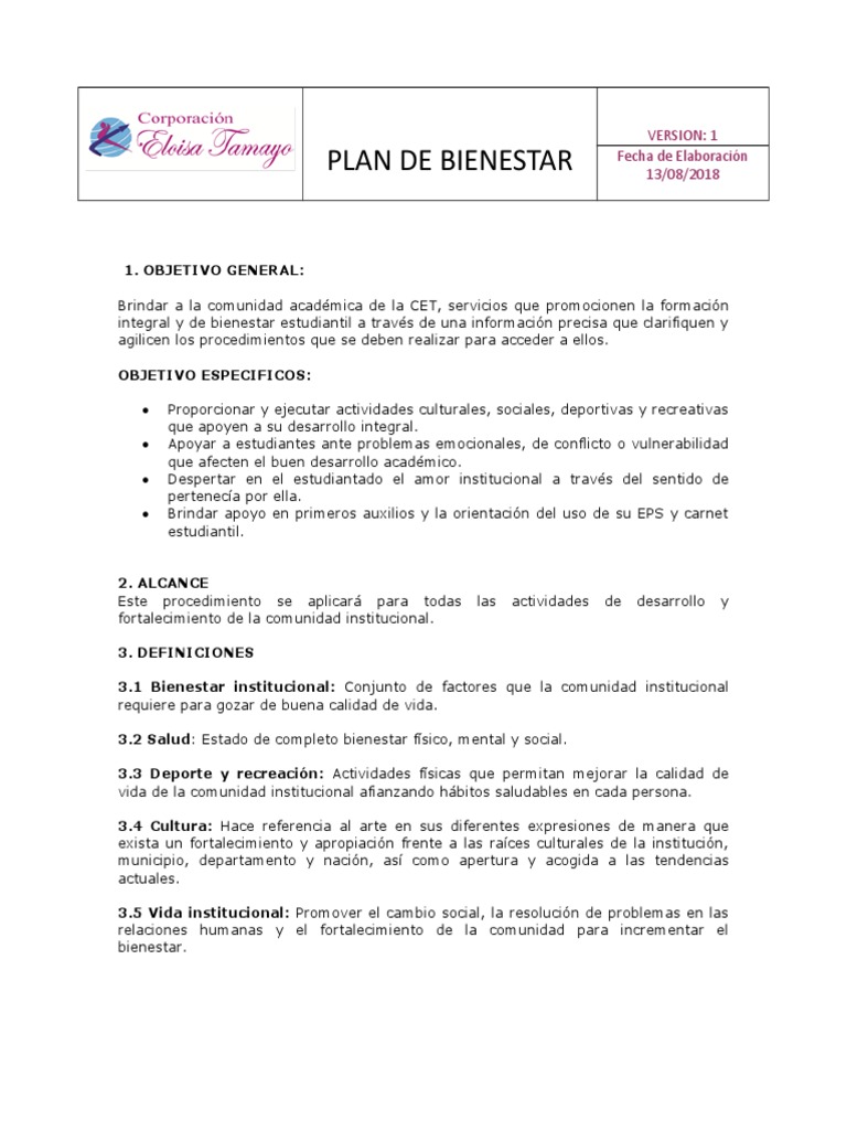 Plan de Bienestar | PDF | Bienestar | Institución