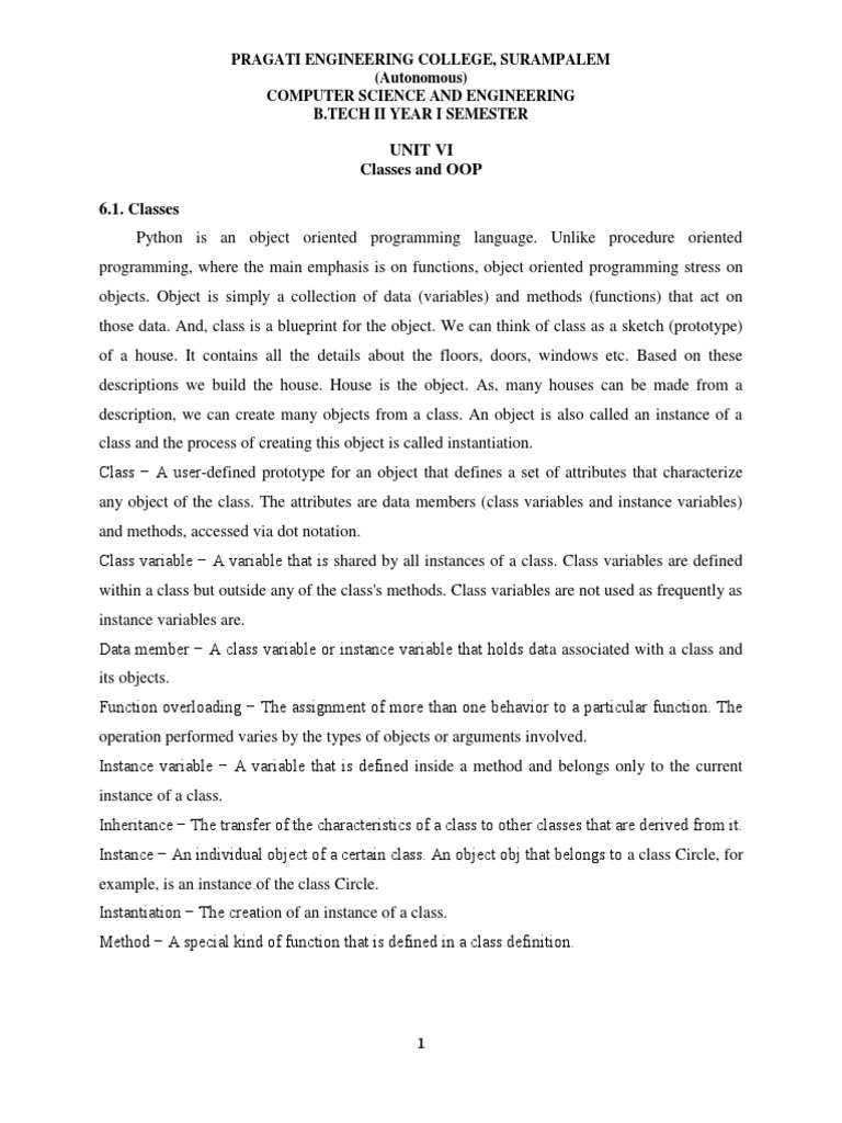 Unit Vi Classes and OOP 6.1. Classes | PDF | Class (Computer Programming) | Thread (Computing)