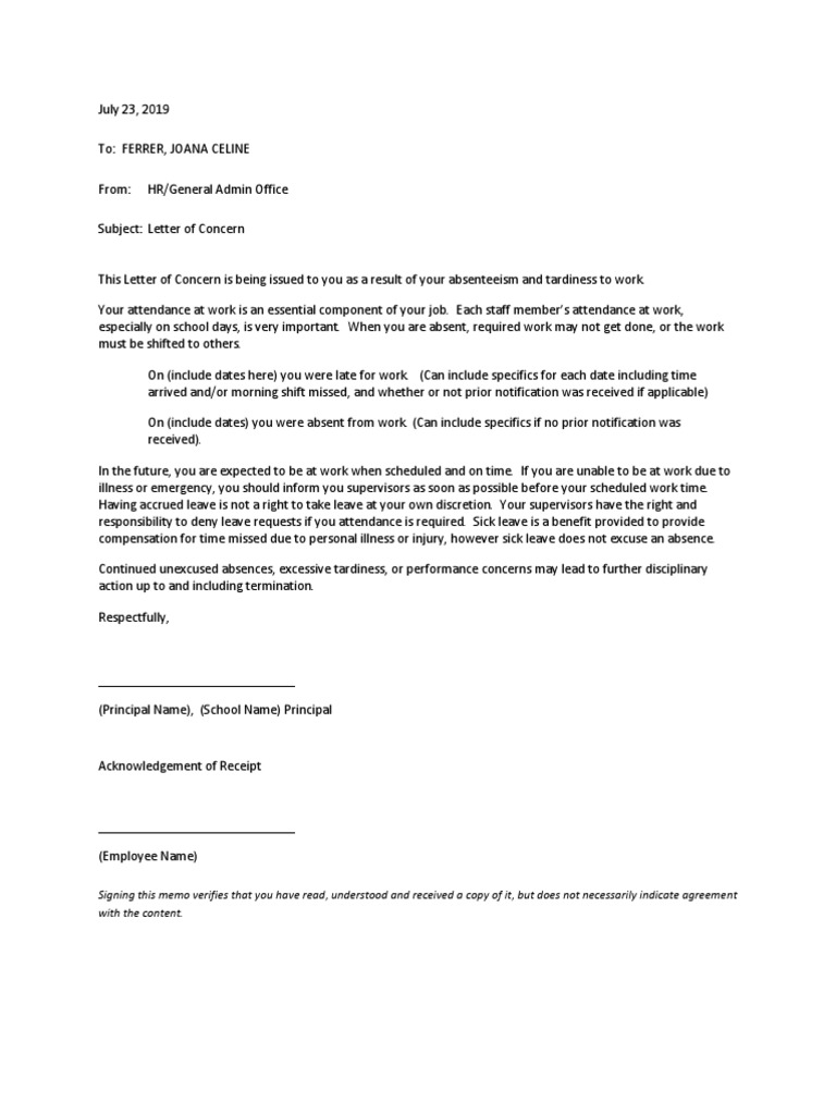 Letter of Concern Attendance Template | Download Free PDF | Government ...