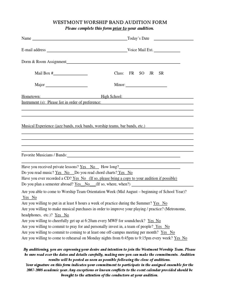 Westmont Worship Band Audition Form: Please Complete This Form Prior To ...