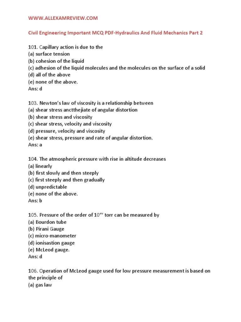 Civil Engineering Important MCQ PDF-Hydraulics and Fluid Mechanics Part ...