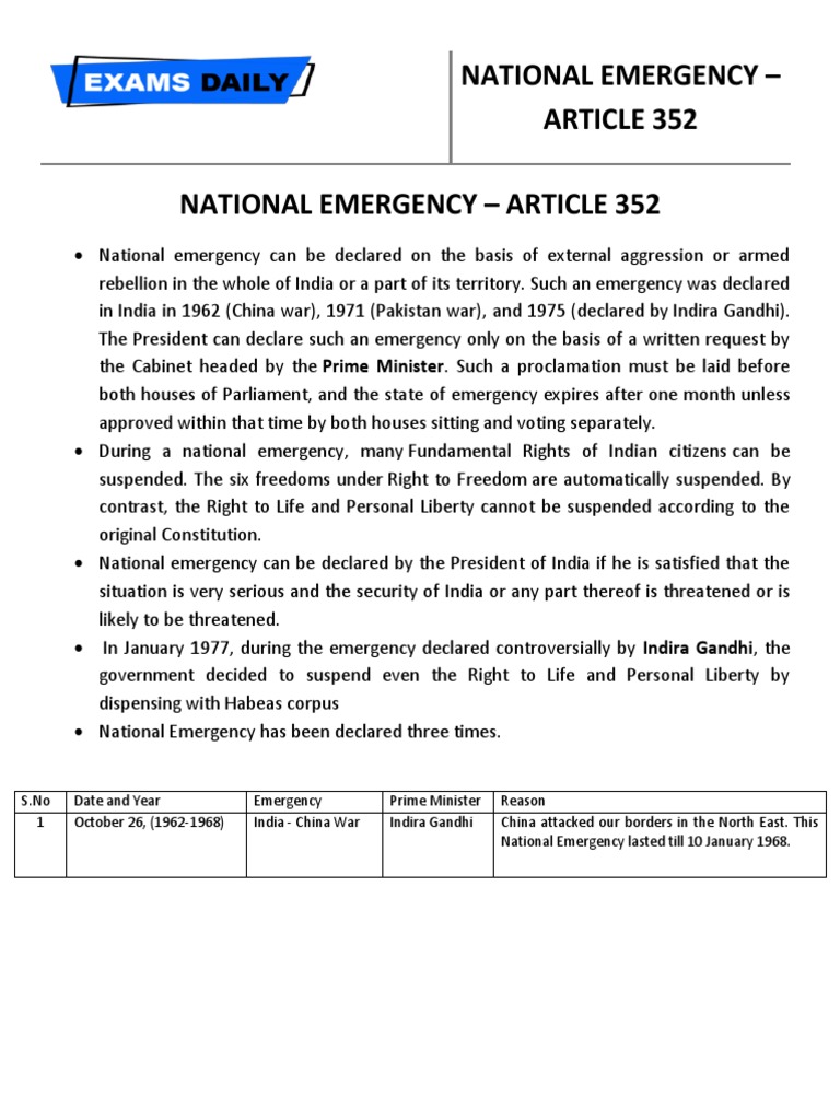 National Emergency - Article 352 National Emergency - Article 352 | PDF ...