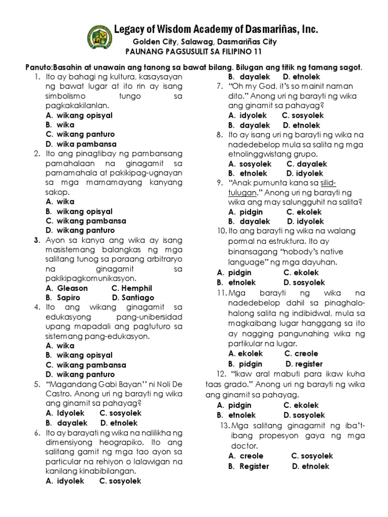 First Monthly Exam in FILIPINO - 11 | PDF