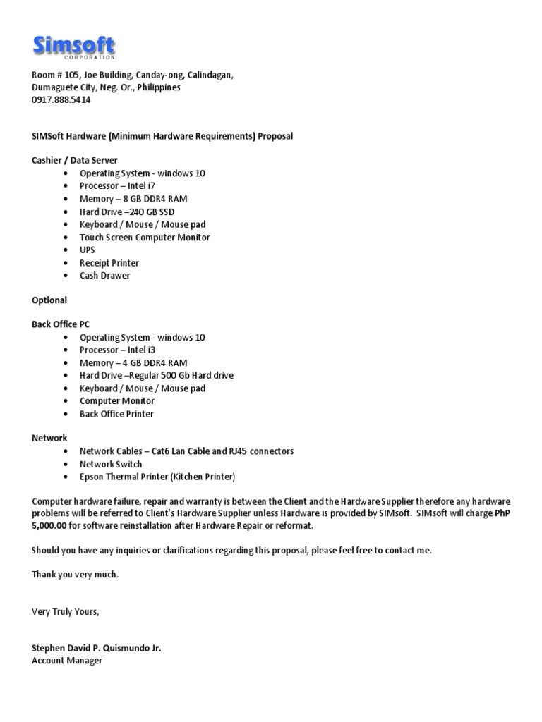 Hardware Proposal for SIMSoft Clients | PDF