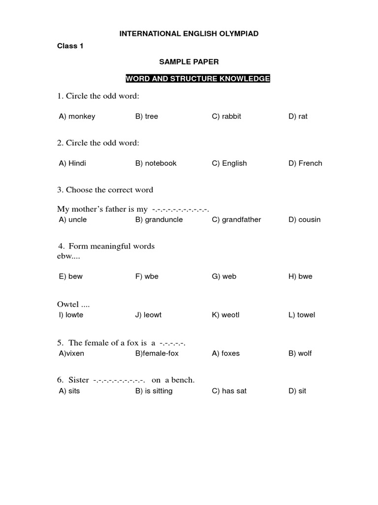 International English Olympiad Class 1 Sample Paper: Word and Structure ...