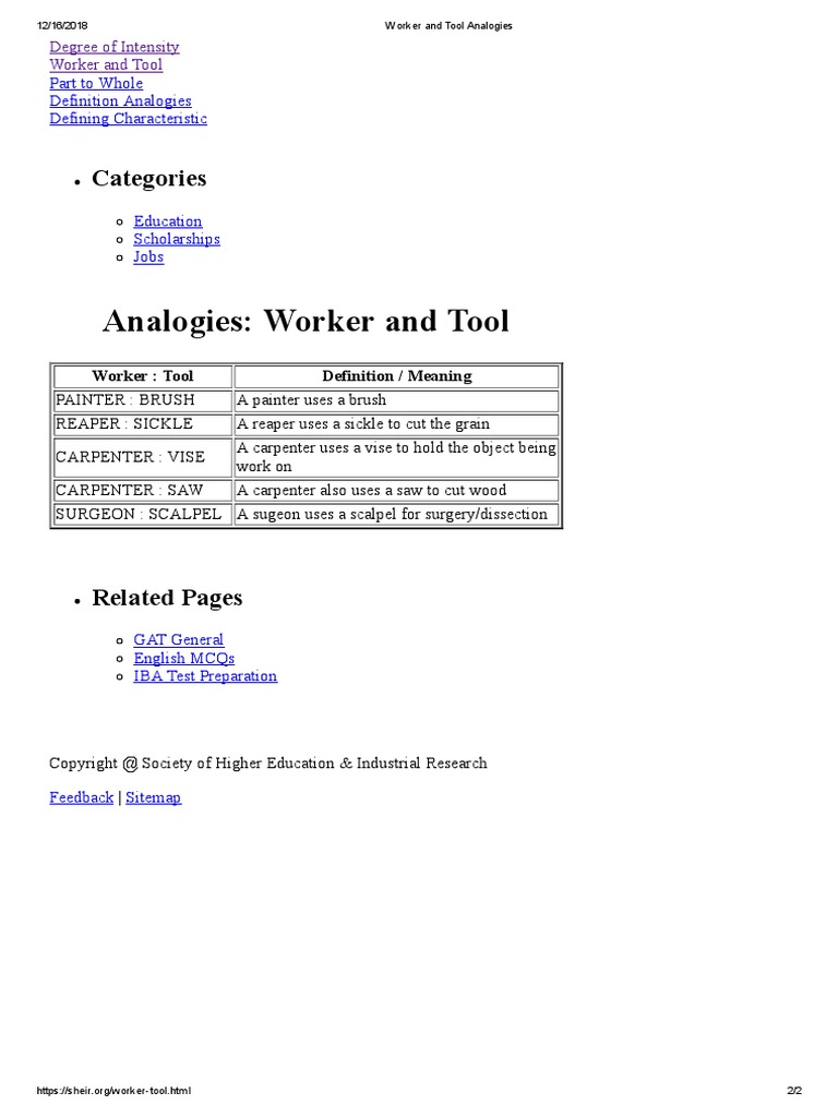 Worker and Tool Analogies PDF | PDF