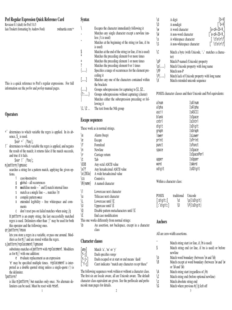 Perl Regular Expression Quick Reference Card Syntax | PDF | Regular Expression | String ...